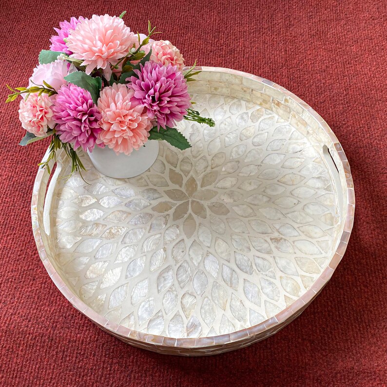 Mother-of-pearl Inlay Round Tray, Full Handmade Round Breakfast Tray ...