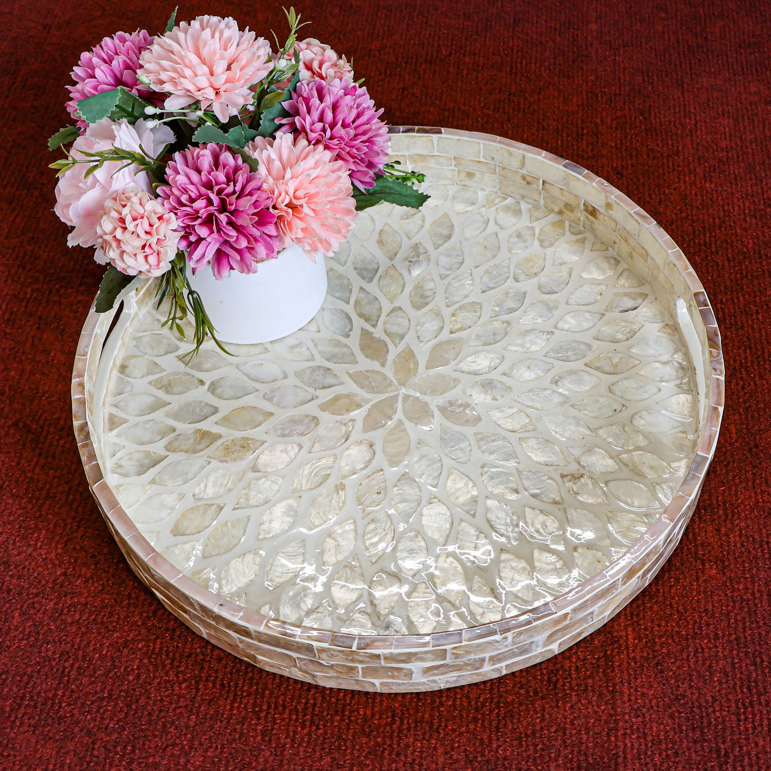 Mother-of-pearl Inlay Round Tray, Full Handmade Round Breakfast Tray ...