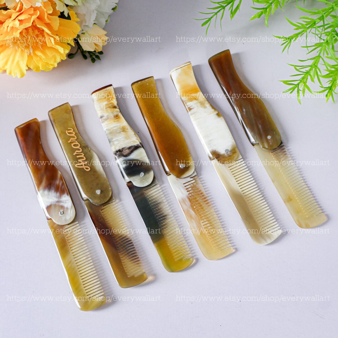 FLOWER CARVING Simple Natural Buffalo Horn Comb, Handmade Anti-static ...