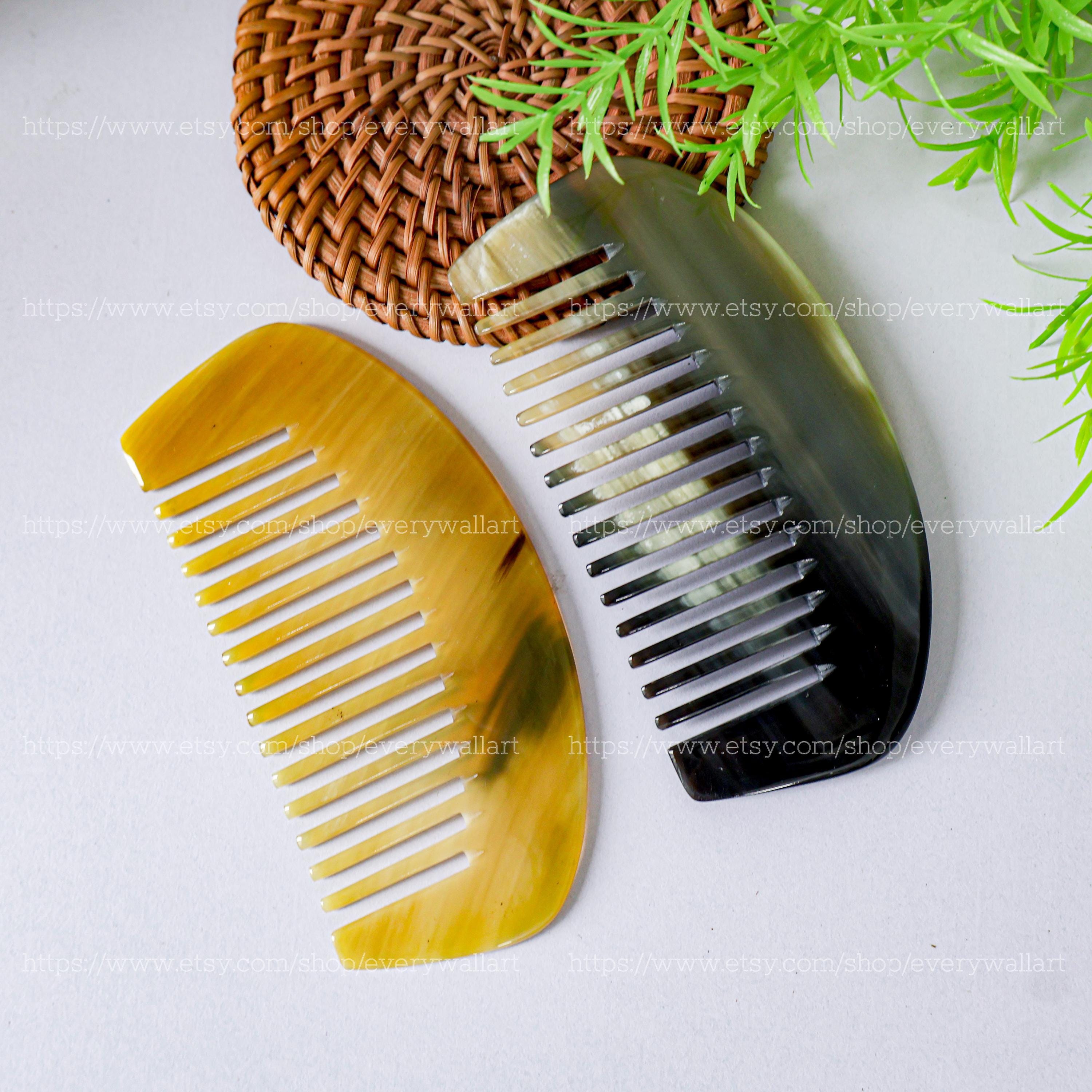 WIDE TEETH Natural Buffalo Horn Comb, Handmade Pocket Horn Comb, Anti ...