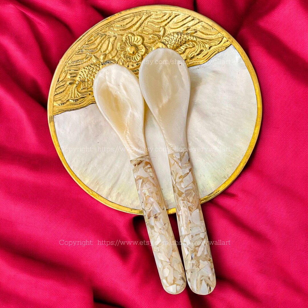 Set of Round Mother-of-pearl Plate With Beluga Fish Copper Gold Trim ...