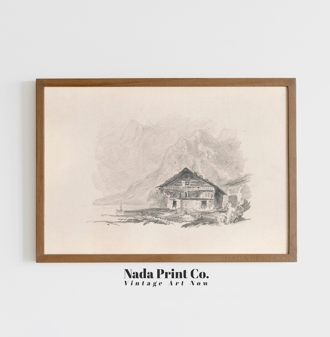 Mountain Cabin Sketch Print | Rustic Simple Drawing Print| Neautral ...