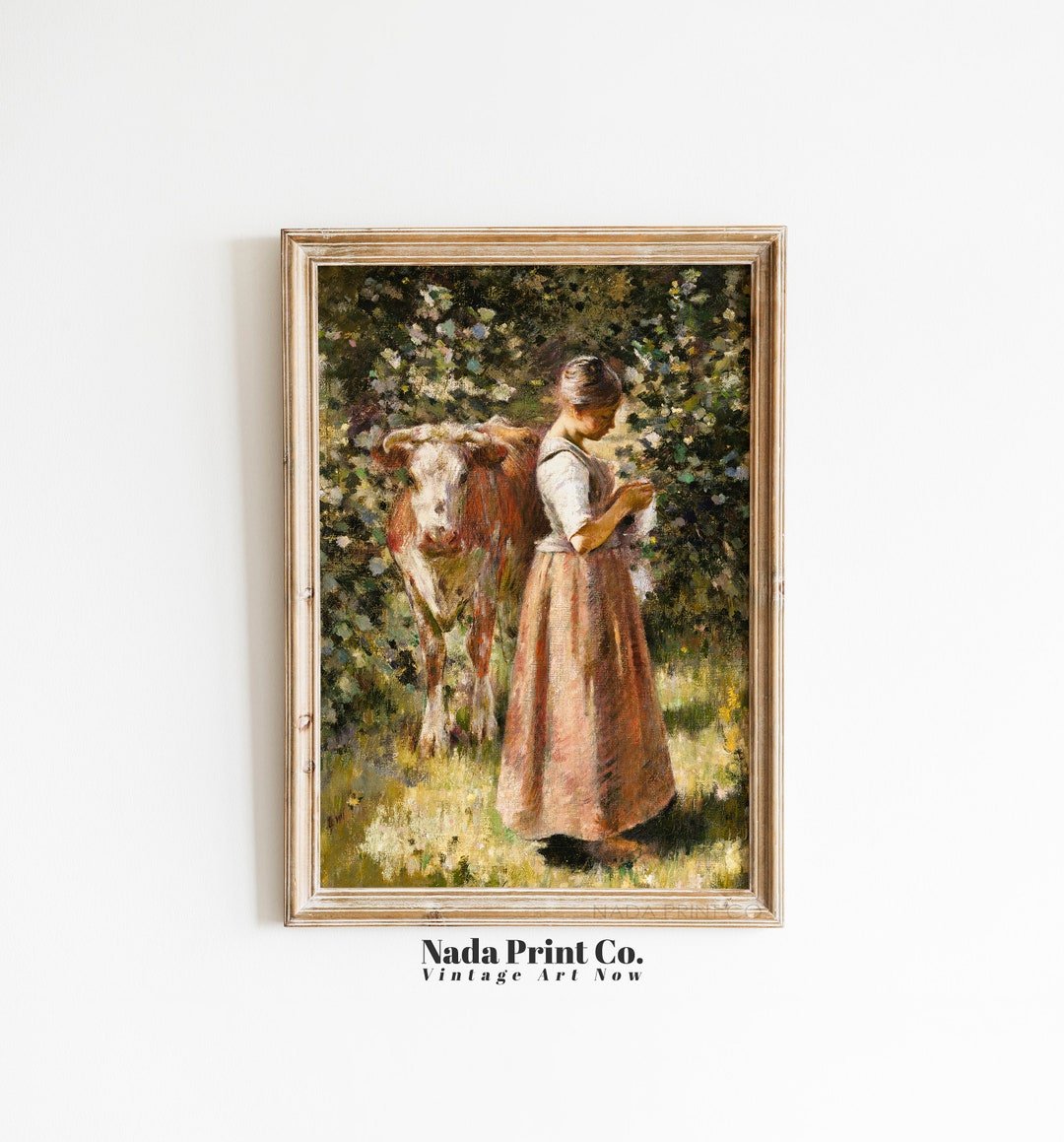 Woman and Cow in Garden Painting | Milkmaid Tending to Cow Print | Warm ...