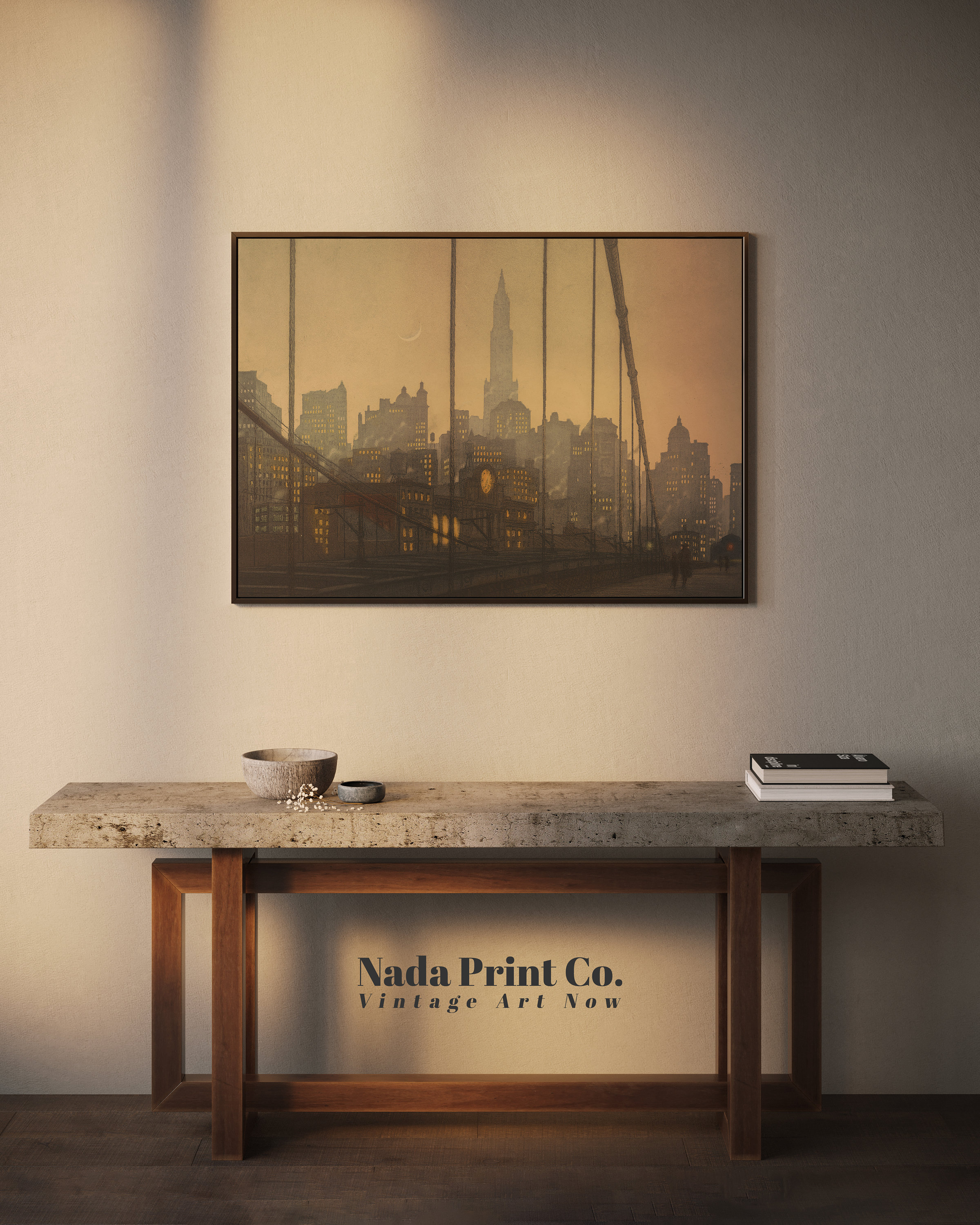 New York Skyline Painting | Brooklyn Bridge at Night Print | Warm ...