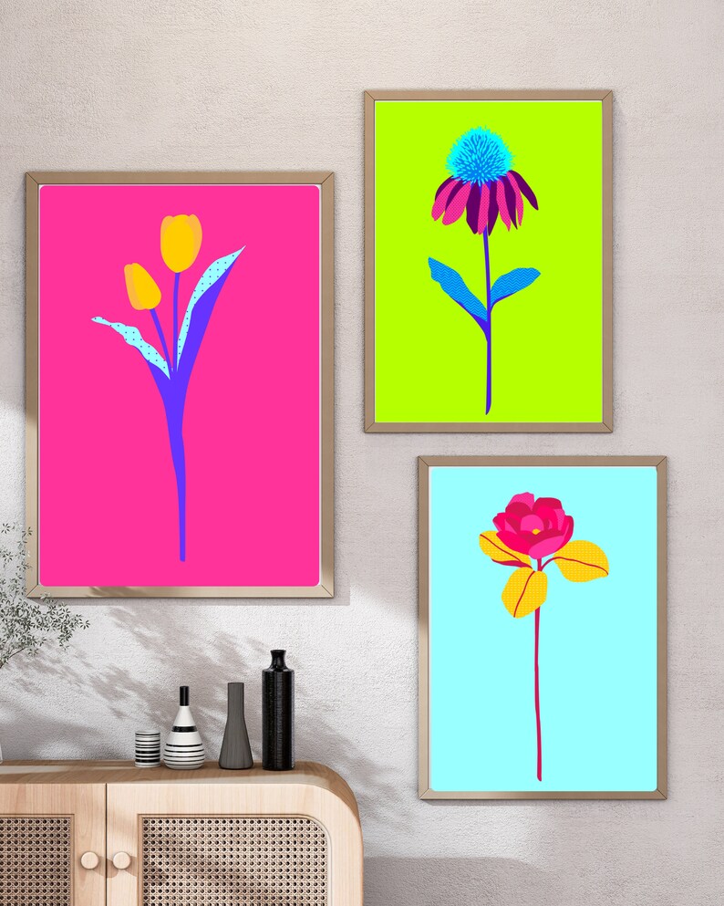 Pop Art Blooms: Set of Four Vibrant Neon Flowers Printable Wall Art - Etsy