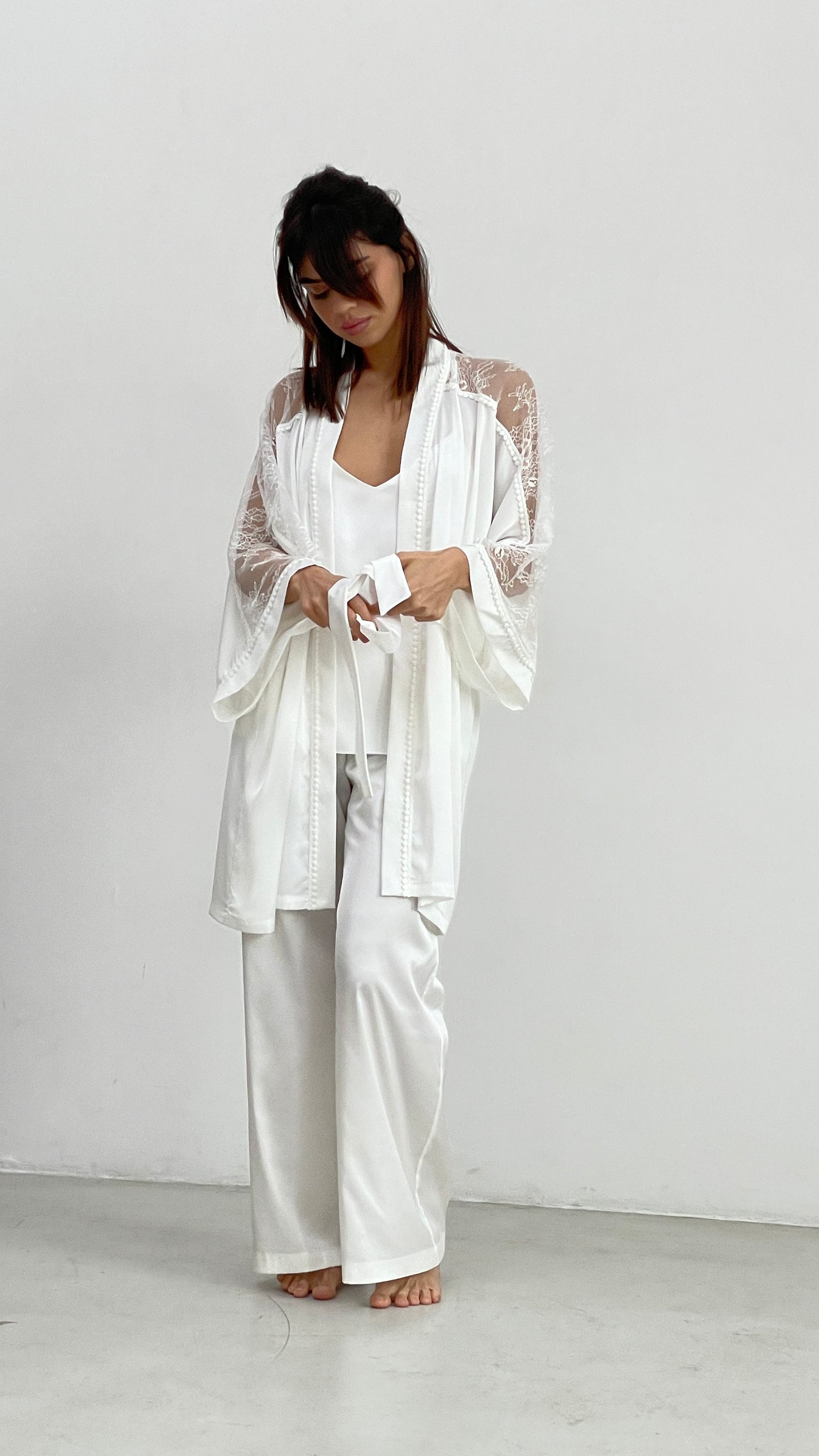 Pajamas Set and Robe With Lace, Silk Pajamas Set, Silk Pants, Tank Top ...
