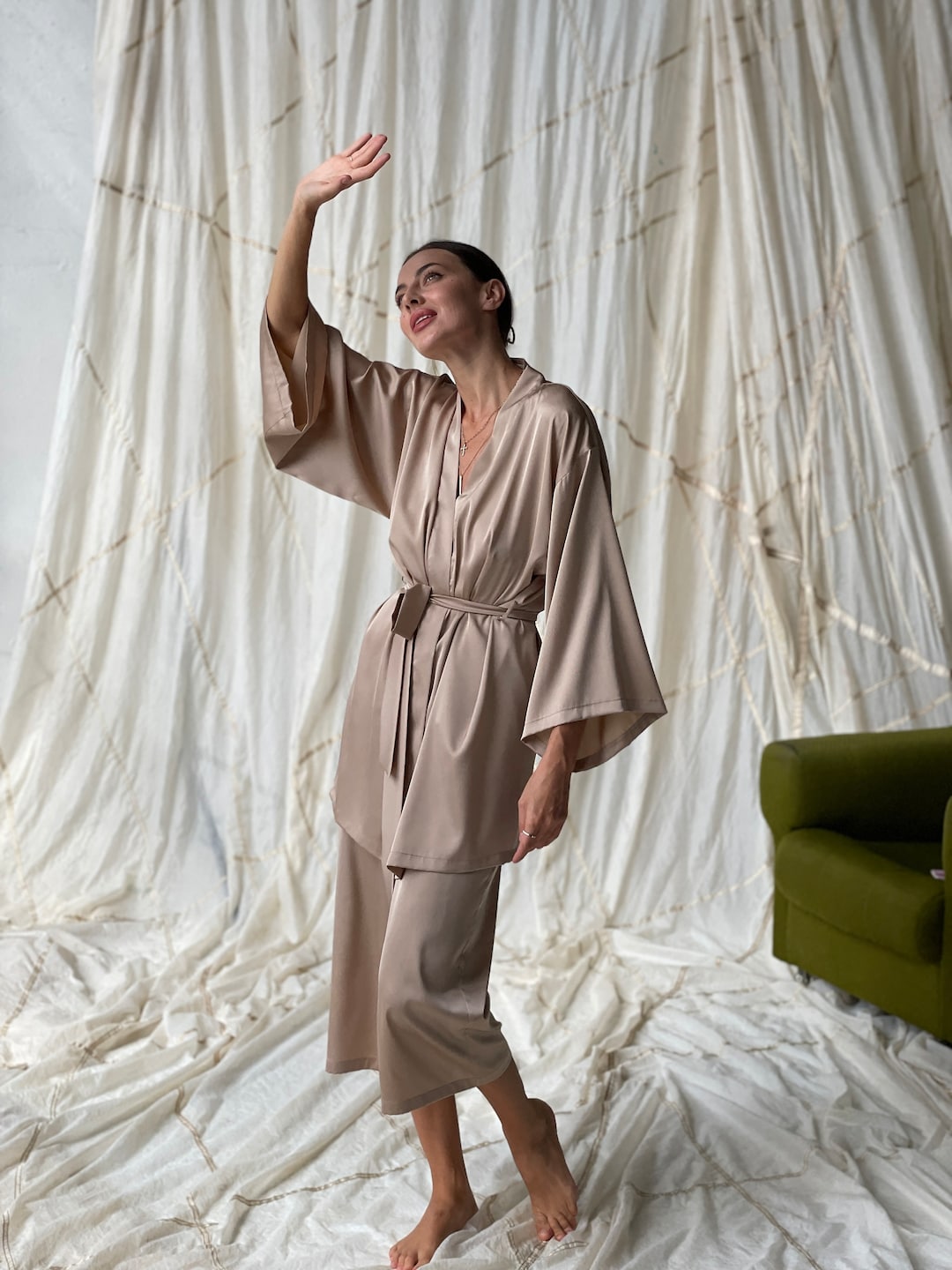 Pajamas Set Kimono With Culotte, Silk Pajamas Set and Robe, Silk ...