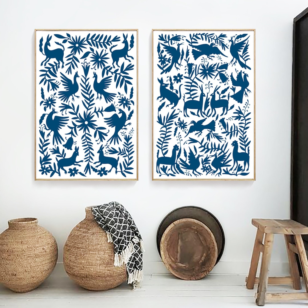 Set of Two Prints/otomi Mexico/mexico Print/navy Blue Wall Art/otomi ...