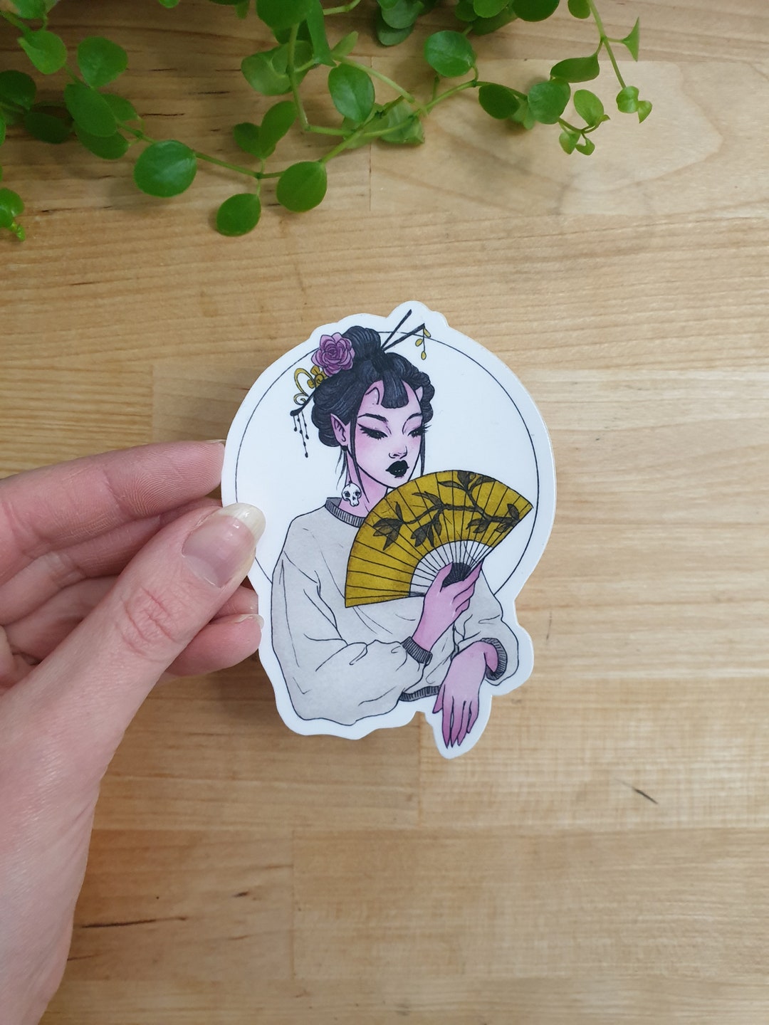 Hand Fan Decal Illustrated Vinyl Art Stickers, Japanese Woman Drawing ...