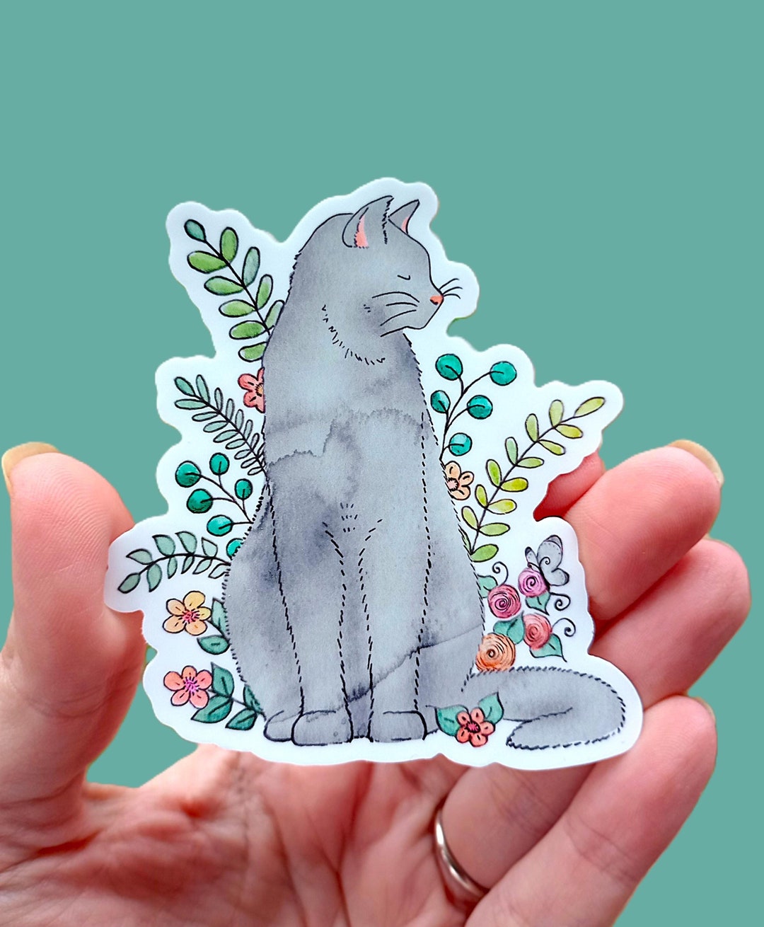 Gray Cat Sticker With Flowers Cat Sticker Waterproof Cat Lady Sticker ...