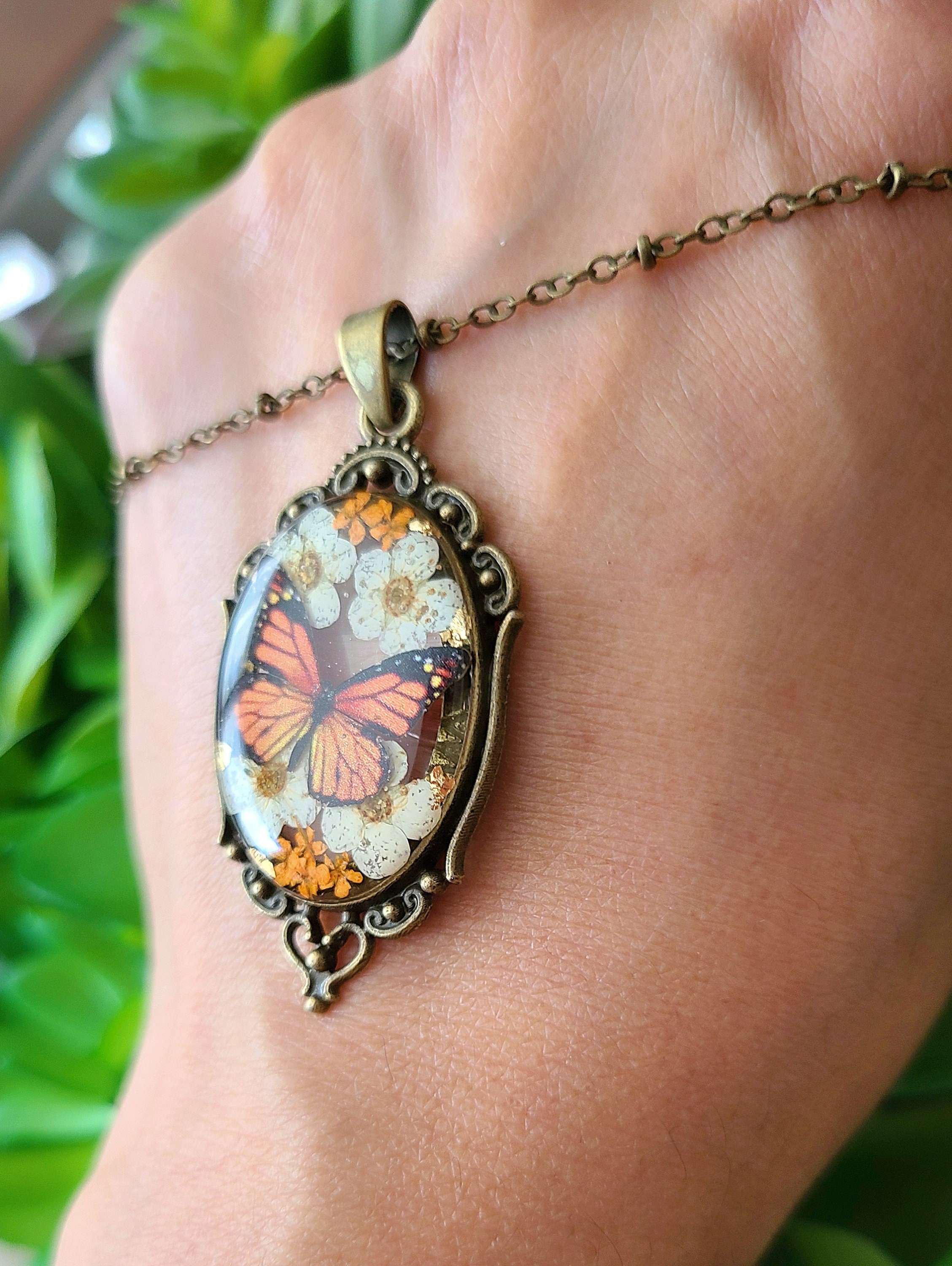 Butterfly Necklace,queen Anne's Lace Necklace,pressed Flower Jewelry ...