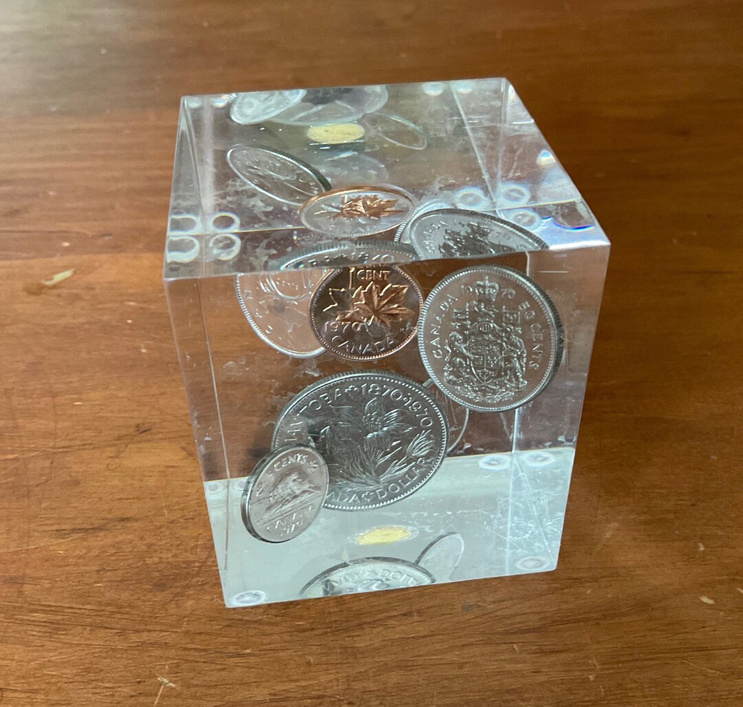 Vintage Lucite Paperweight With Canadian Coins. 1970s - Etsy