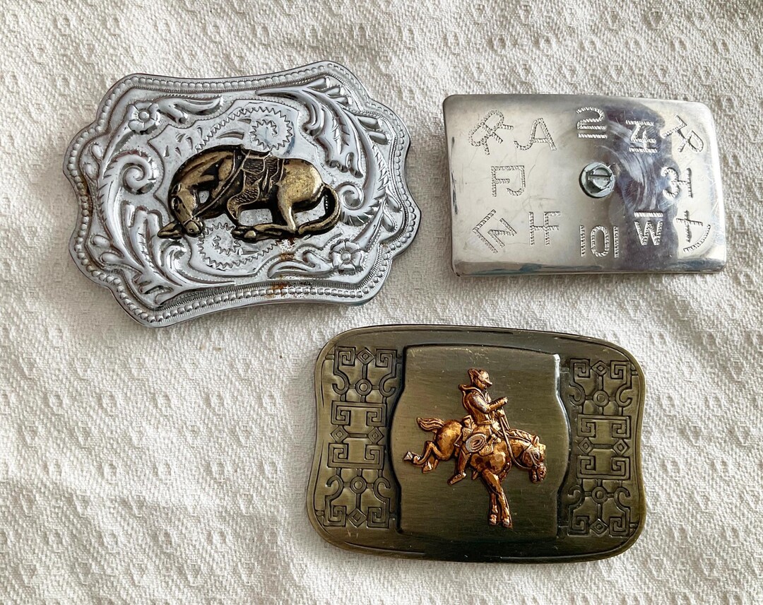 Three Metal Cowboy Buckles, Bronco, Rider, Engraved Ranch Brands. - Etsy