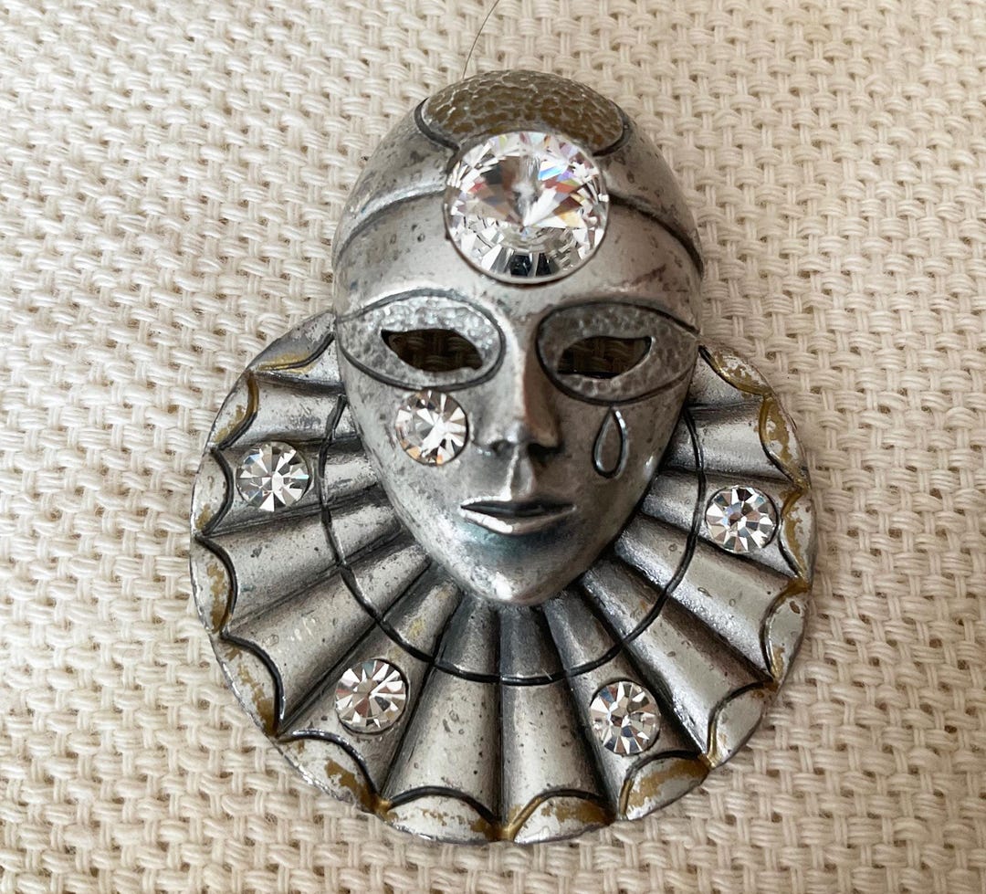 Vintage Silver Tone Metal and Rhinestone Pierrot, Clown, Mask Brooch - Etsy