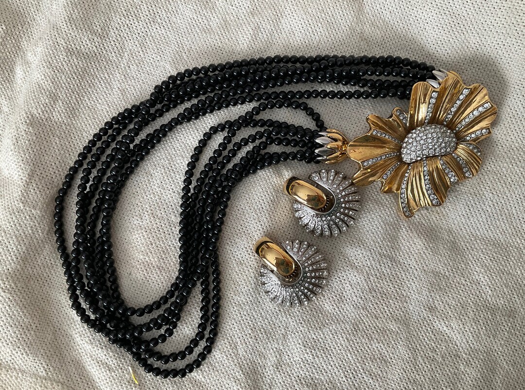 Butler Necklace Black Multi-strand Beads, Gilt and Diamante Flower ...