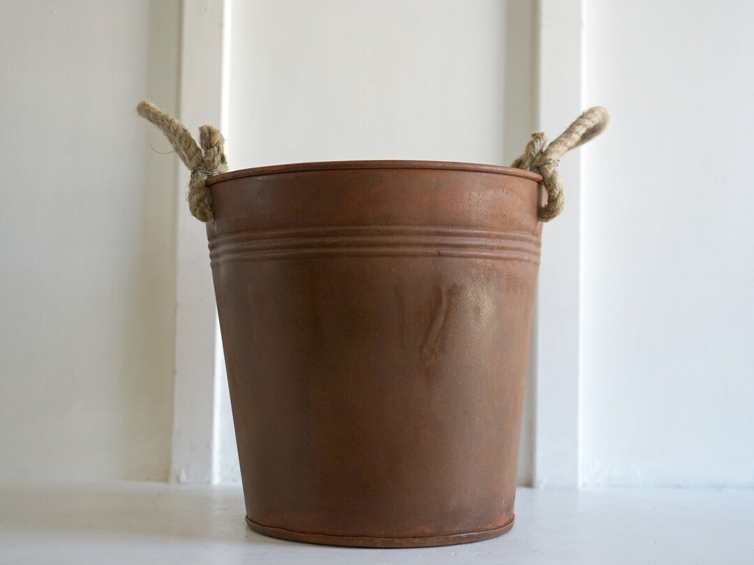 Rustic Metal Bucket. Wastebasket. Storage Bin. Planter. Jute Rope ...