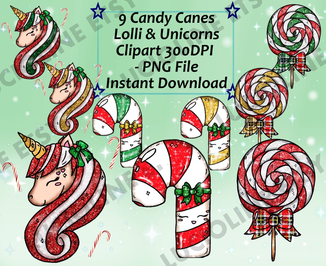 Kerst Clipart Candy Canes Unicorn x9 PNG 300dpi Kawaii Gerst Suiker ...
