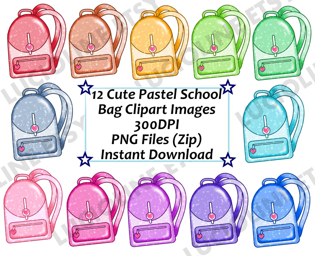 School Bag Kawaii Printable Clipart X12 PNG 300dpi Cute Pastel Rainbow ...