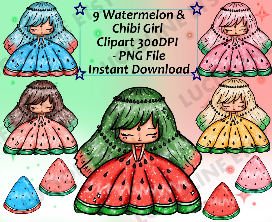 Chibi Girl Fruit Watermelon X9 PNG 300dpi Kawaii Princess Pastèque ...