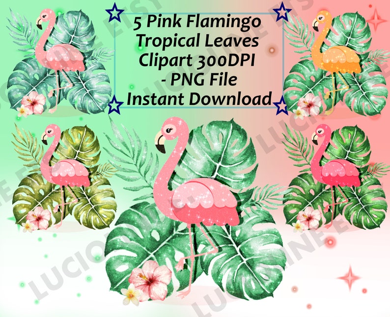 Flamingo Clipart] Tropical Leaves Pink Bird Summer X5 PNG 300dpi ...