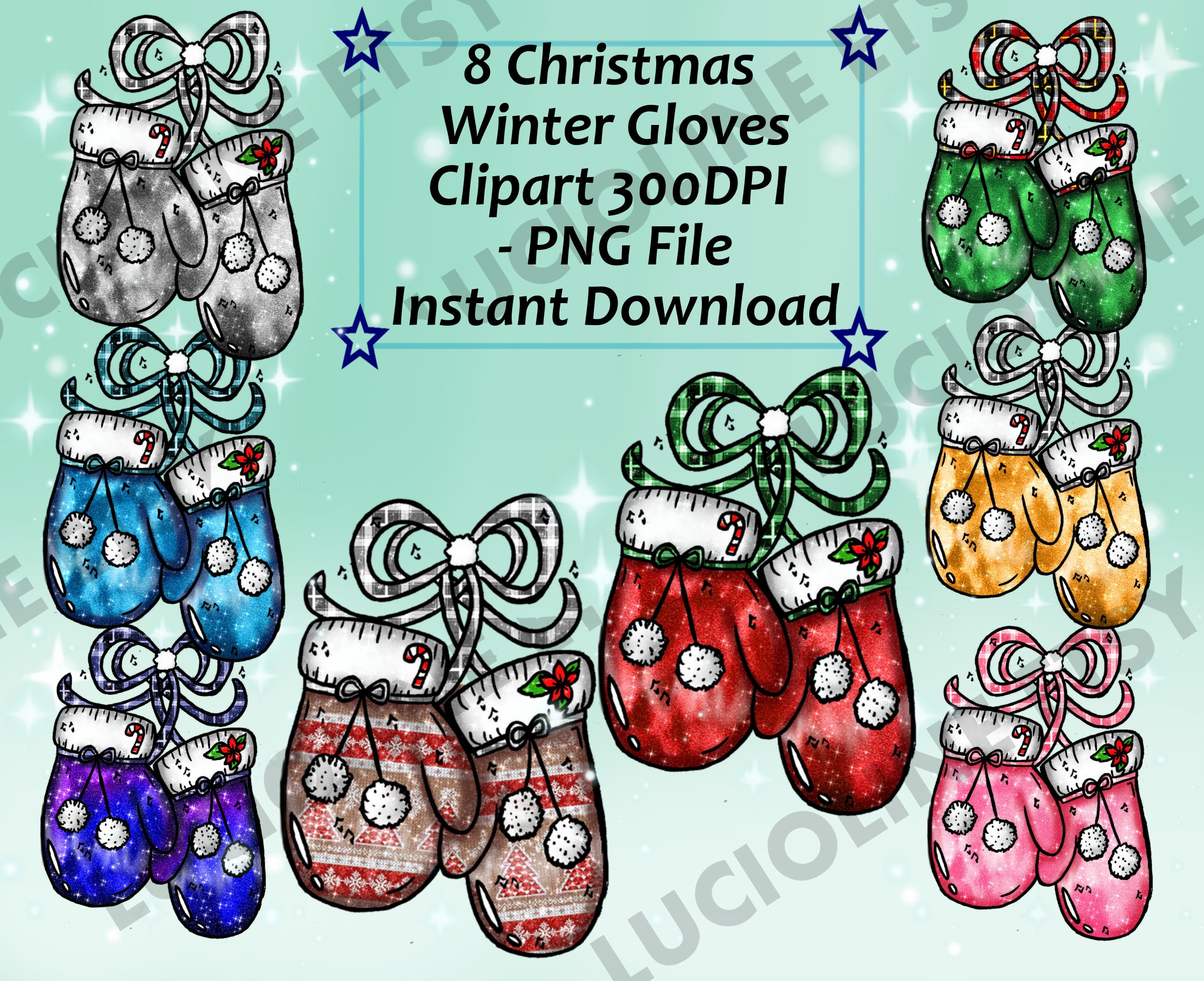 Winter Clipart Winter Gloves Plaid X8 PNG 300dpi Kawaii Mittens ...