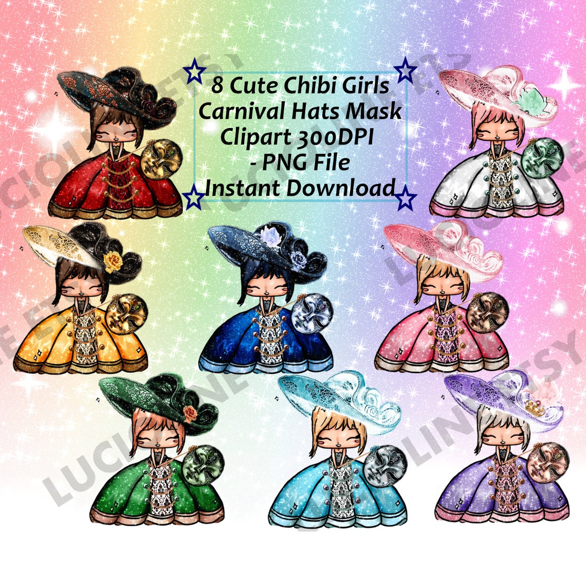 Carnival Clipart Dress Chibi Hats X8 PNG 300dpi Anime Girl Carnival ...