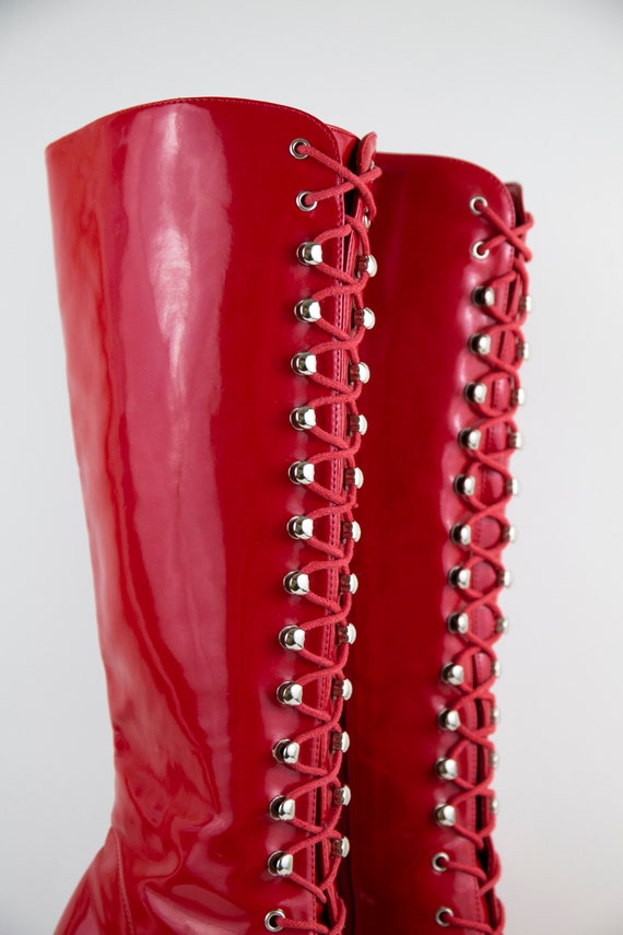 Vintage Red Patent Leather Lace Up Platform Boots siz… - Gem