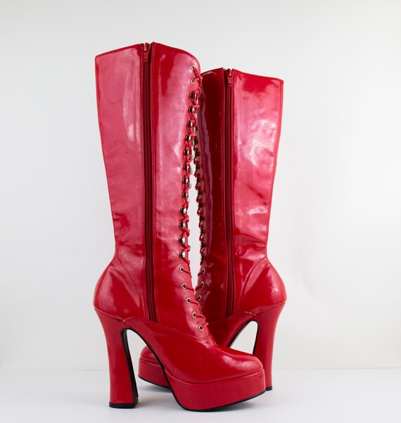 Vintage Red Patent Leather Lace Up Platform Boots siz… - Gem
