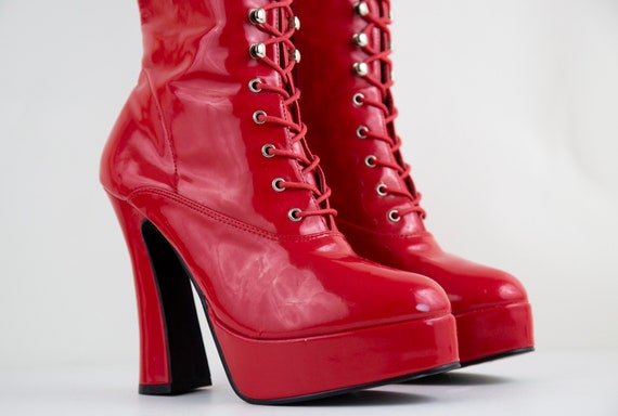 Vintage Red Patent Leather Lace Up Platform Boots siz… - Gem