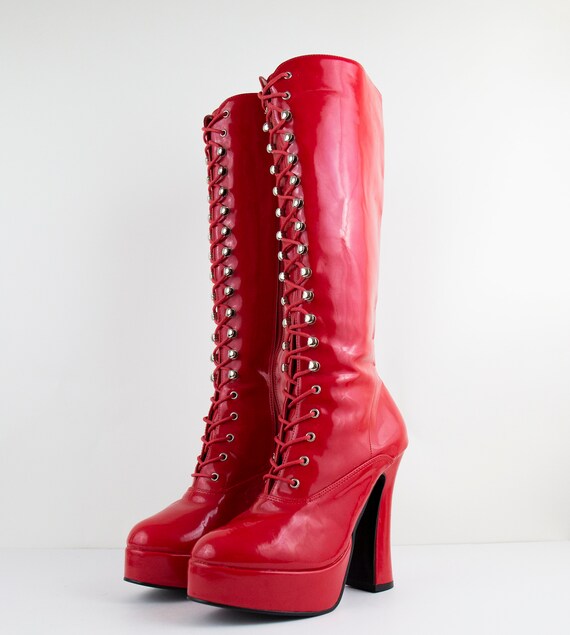 Vintage Red Patent Leather Lace Up Platform Boots siz… - Gem