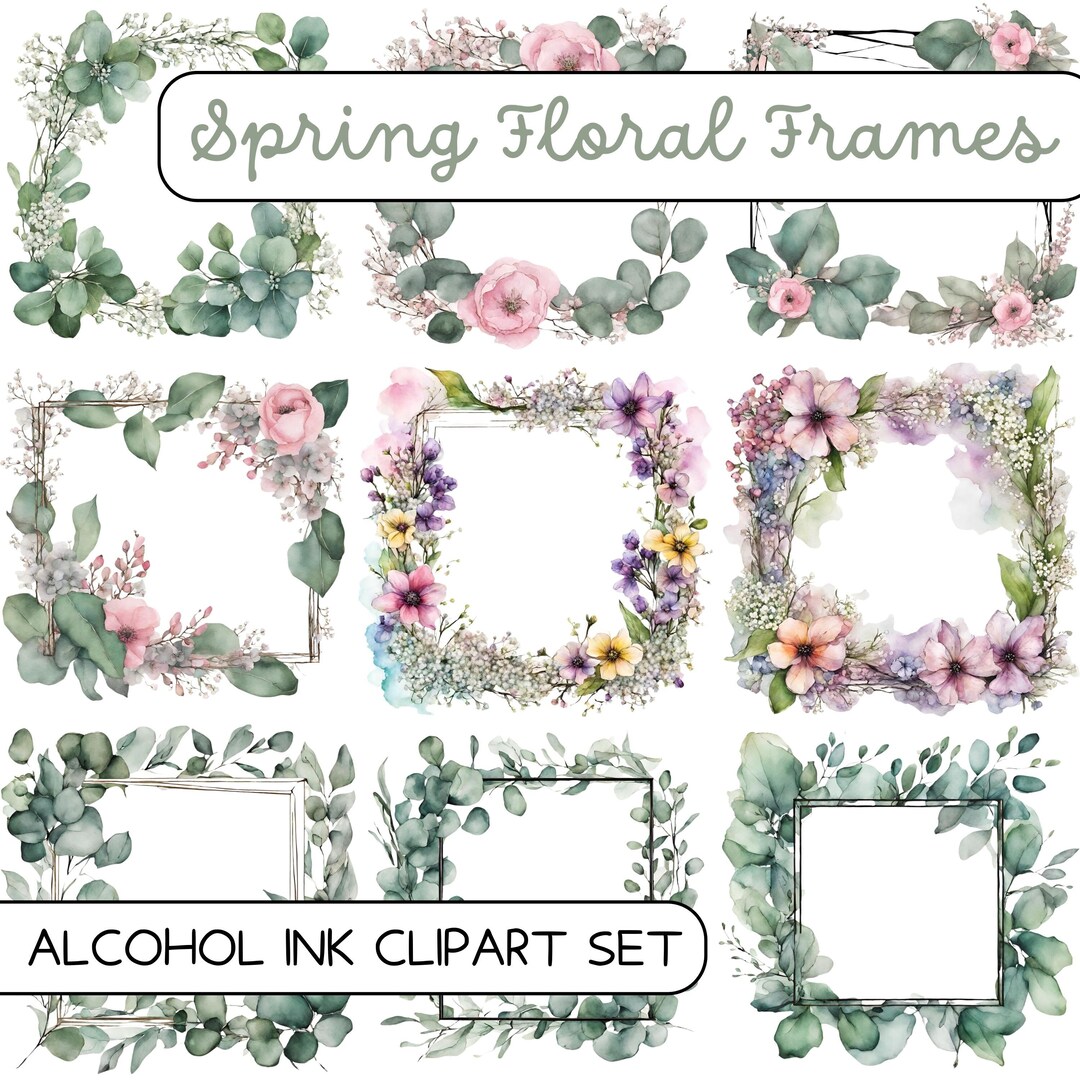 Spring Floral Frames Clipart: Alcohol Ink Style (PNG, Digital Download ...
