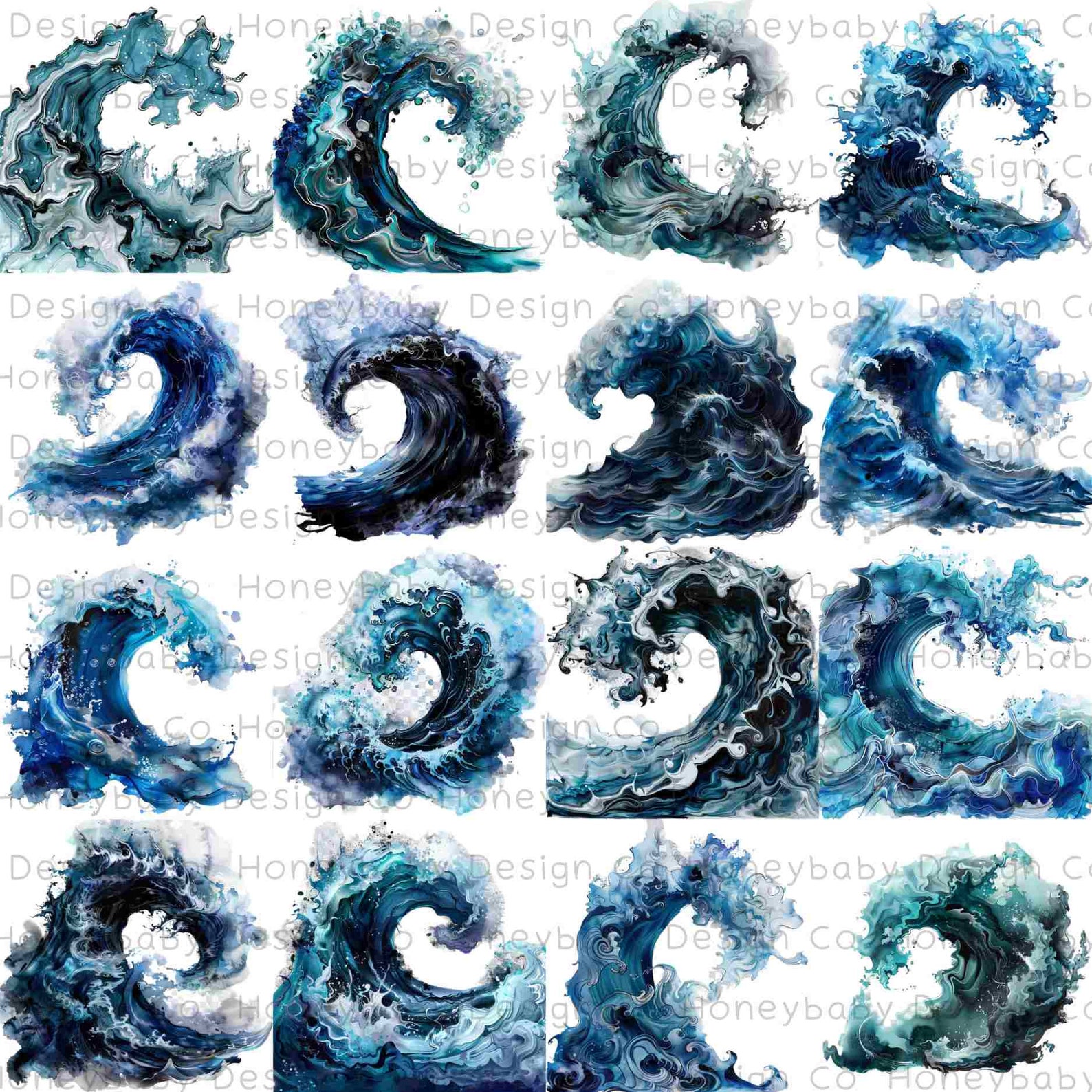 Realistic Wave PNG Series 16 Alcohol Ink Style Designs on Transparent ...