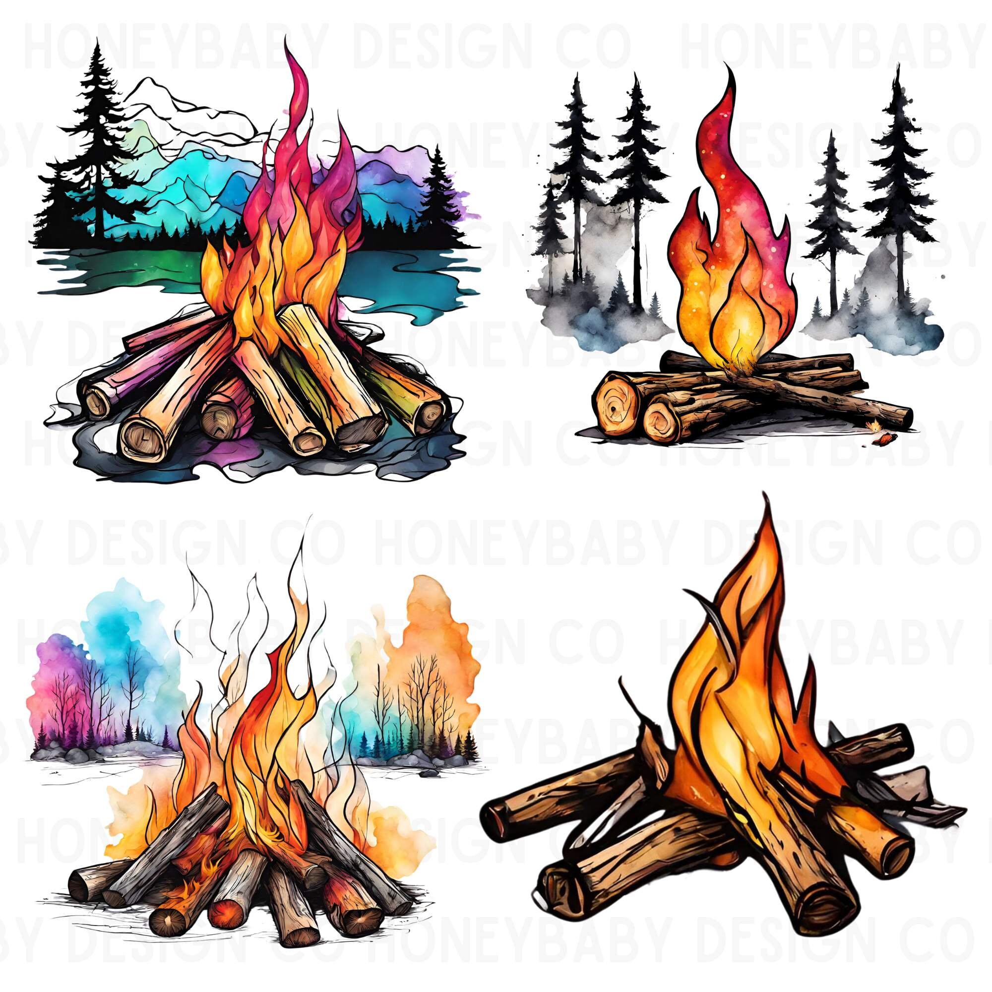 Colorful Camping Clipart for Commercial Use / Alcohol Ink Style / PNG ...