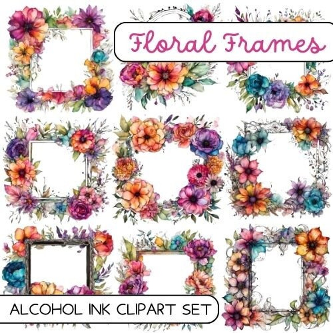 Floral Frames Clipart: Alcohol Ink Style (PNG, SVG, Digital Download ...