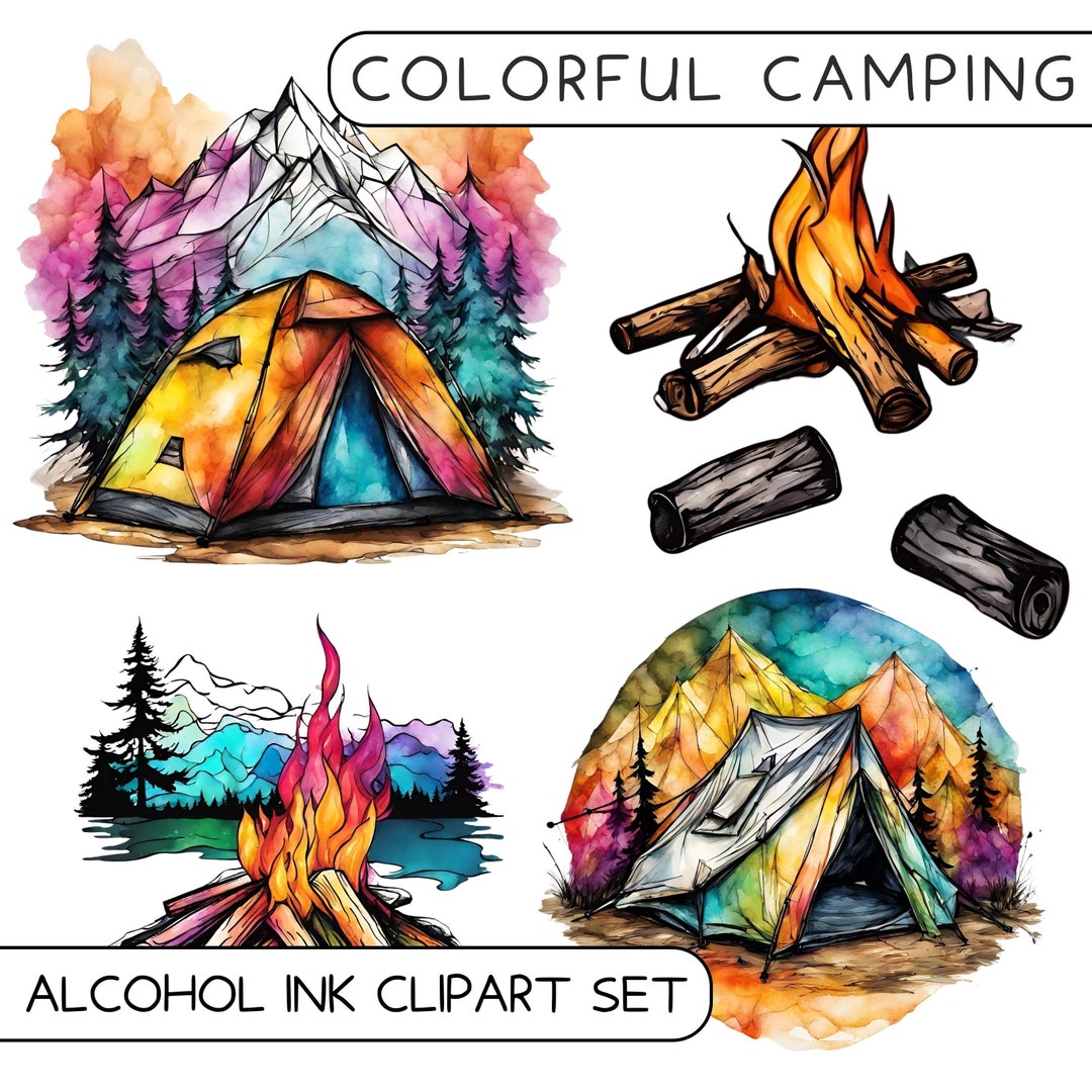 Colorful Camping Clipart for Commercial Use / Alcohol Ink Style / PNG ...