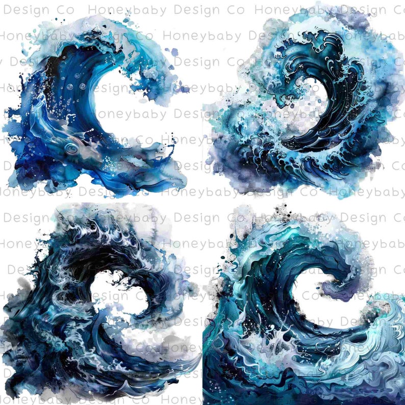 Realistic Wave PNG Series 16 Alcohol Ink Style Designs on Transparent ...