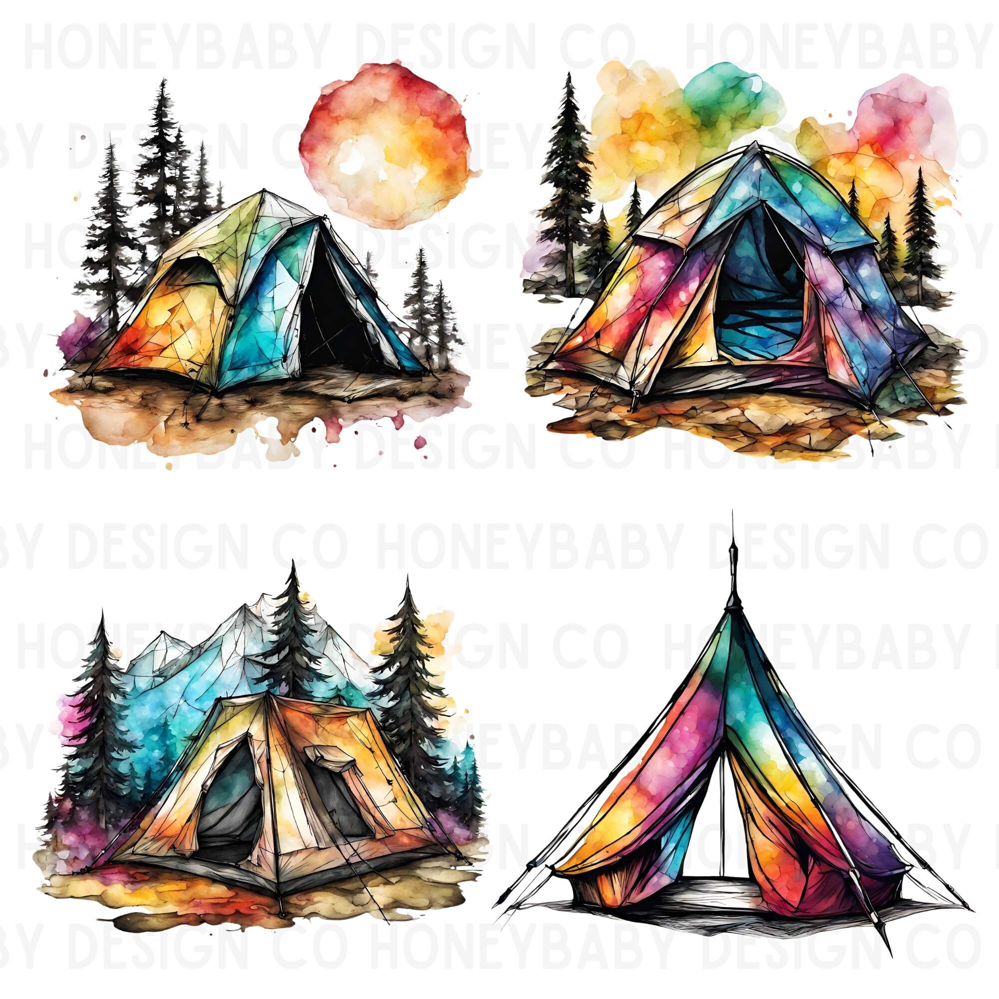 Colorful Camping Clipart for Commercial Use / Alcohol Ink Style / PNG ...