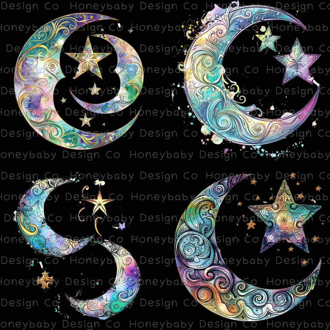Celestial Whimsy- Crescent Moon & Star PNG Collection | 4 300dpi Images ...