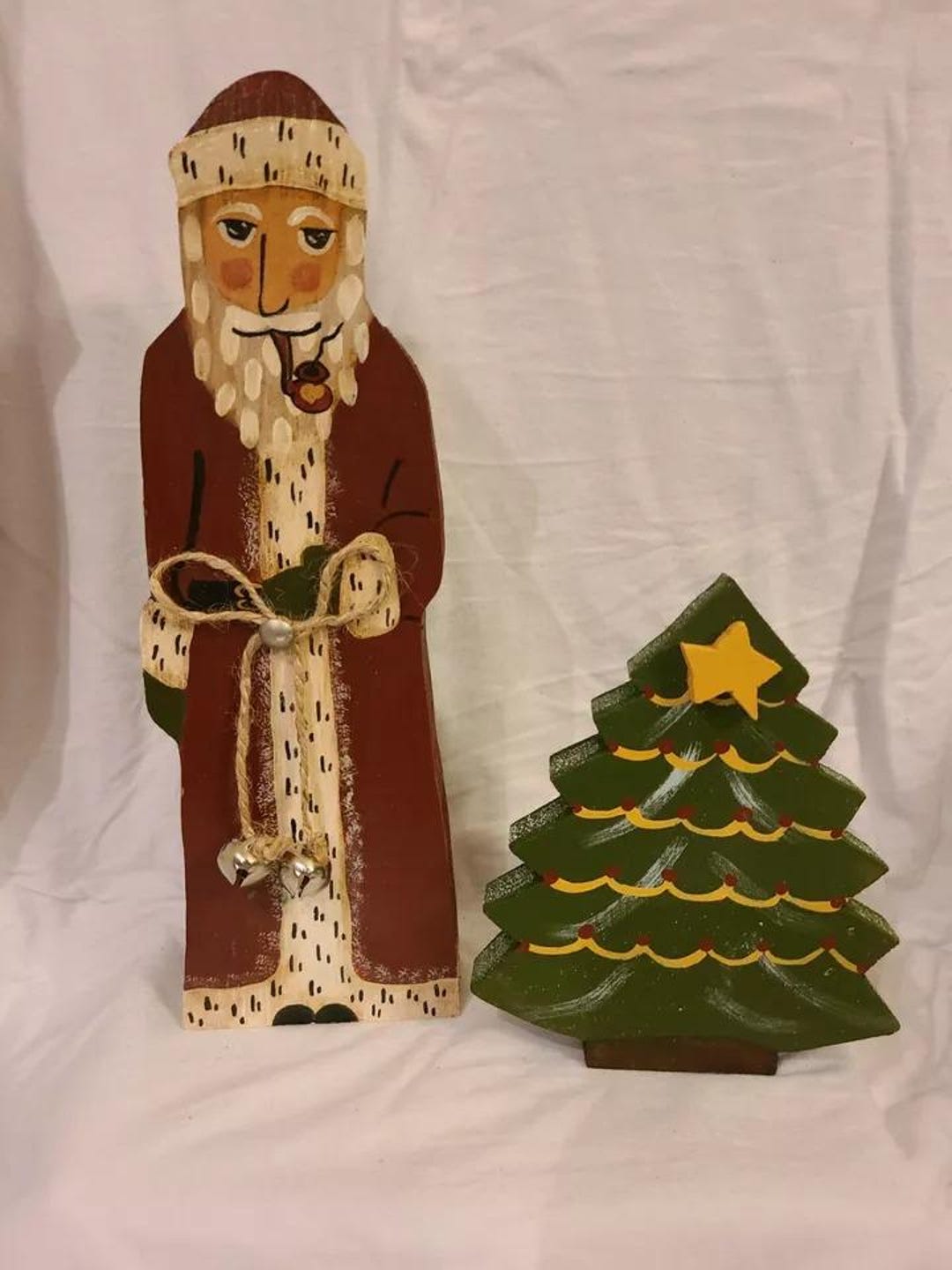 Handmade Wooden Folk Art Santa and Christmas Tree Christmas Xmas ...