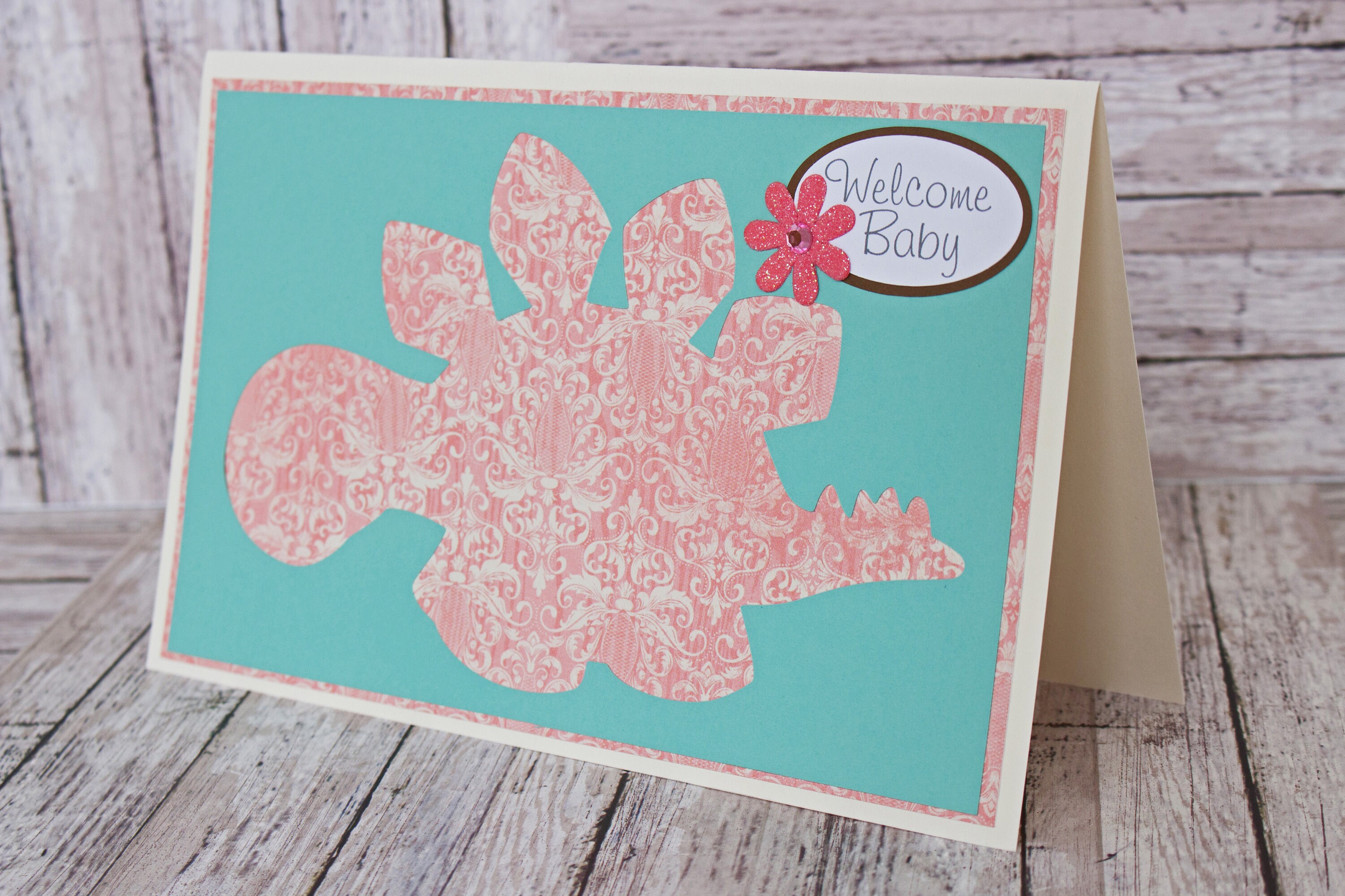 Baby Girl Dinosaur Card, Handmade Greeting, Baby Shower Gift, Newborn ...