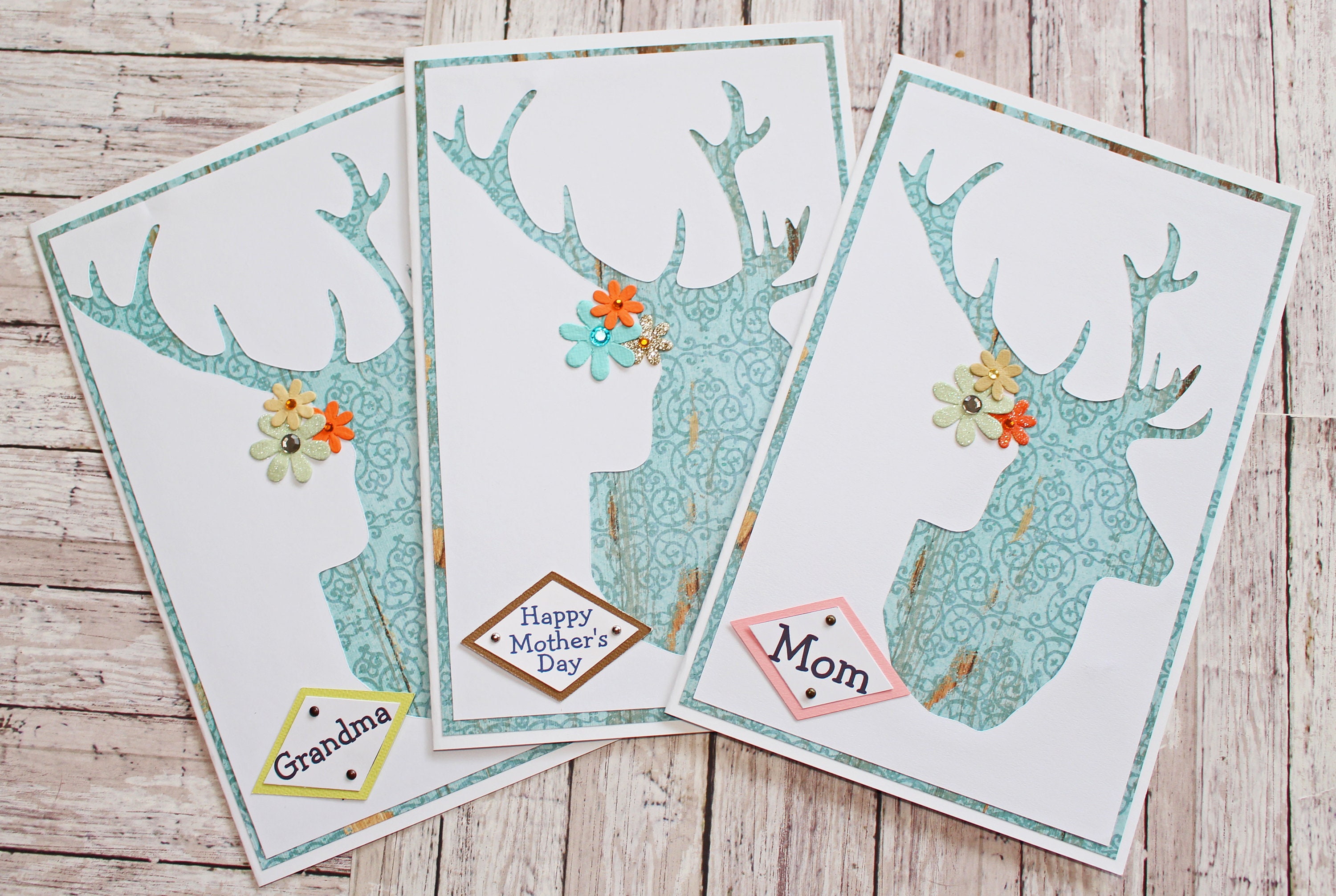 Rustic Flower Deer Head Card, Custom Greeting, Handmade Card, Floral ...