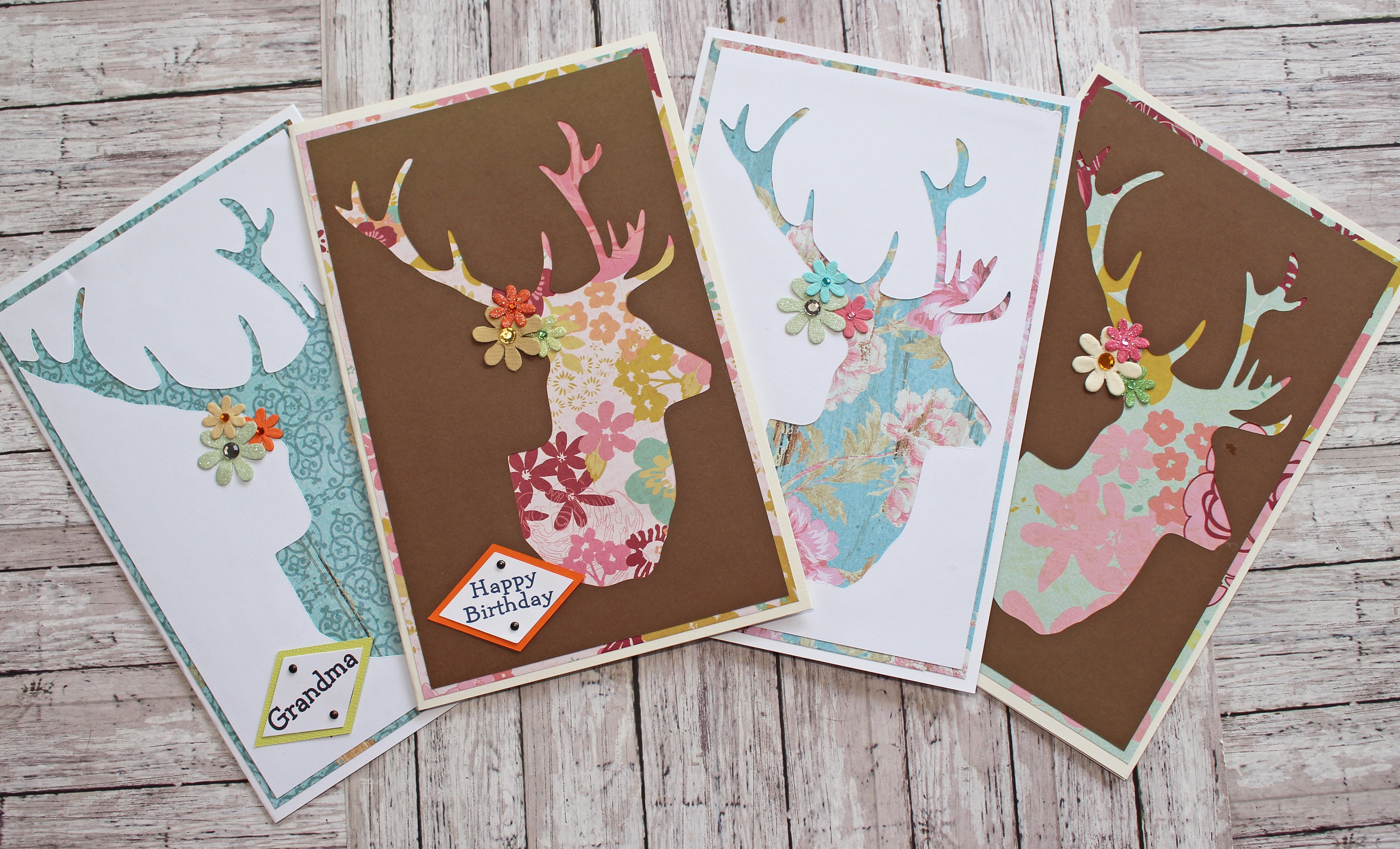 Rustic Flower Deer Head Card, Custom Greeting, Handmade Card, Floral ...