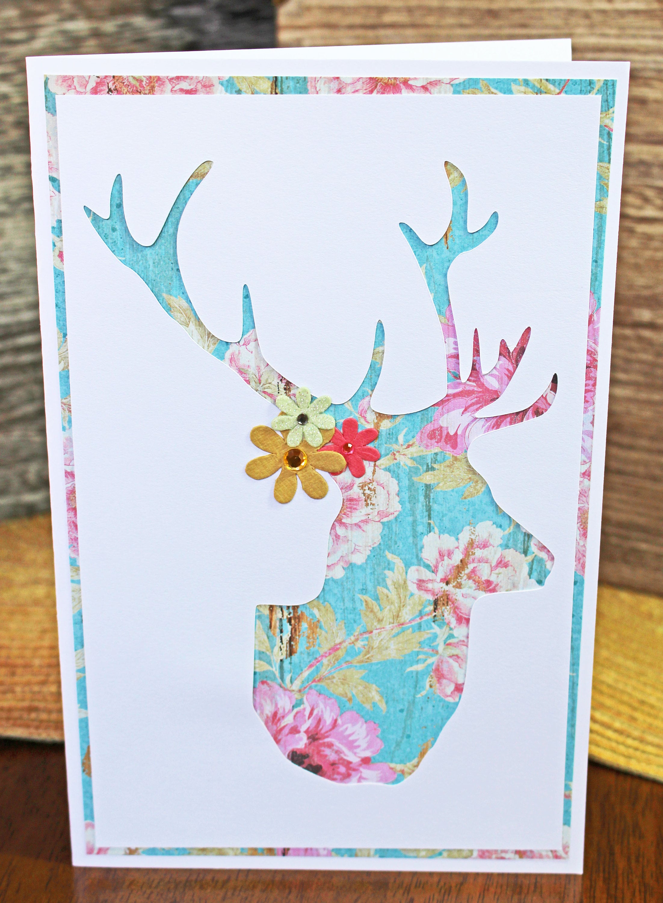 Rustic Flower Deer Head Card, Custom Greeting, Handmade Card, Floral ...
