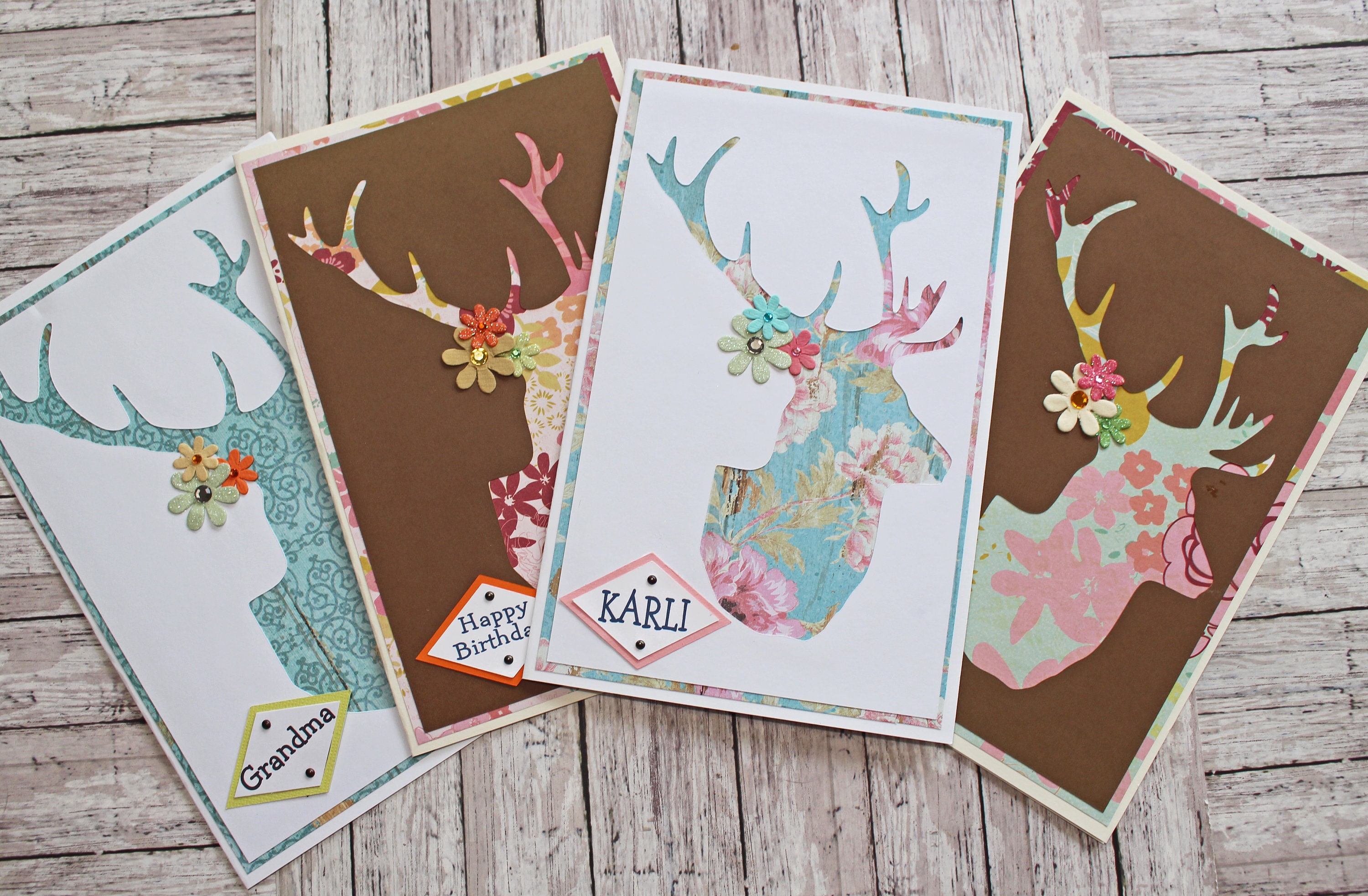 Rustic Flower Deer Head Card, Custom Greeting, Handmade Card, Floral ...