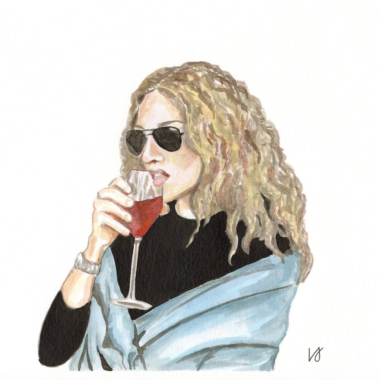 Carrie Bradshaw Drinking Wine Original Ink/Watercolor Art | Etsy