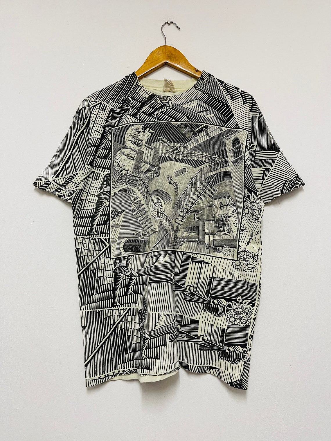 Vintage 90s MC Escher Heirs : Relativity 1953 All Over Print T-shirt / Streetwear / Pop Art ...