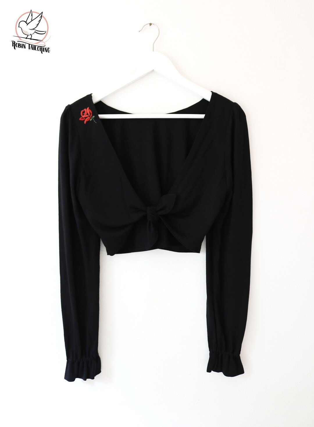 Black Crop Top, Rose Embroidery, Embroidered Top, Black Jersey Top ...