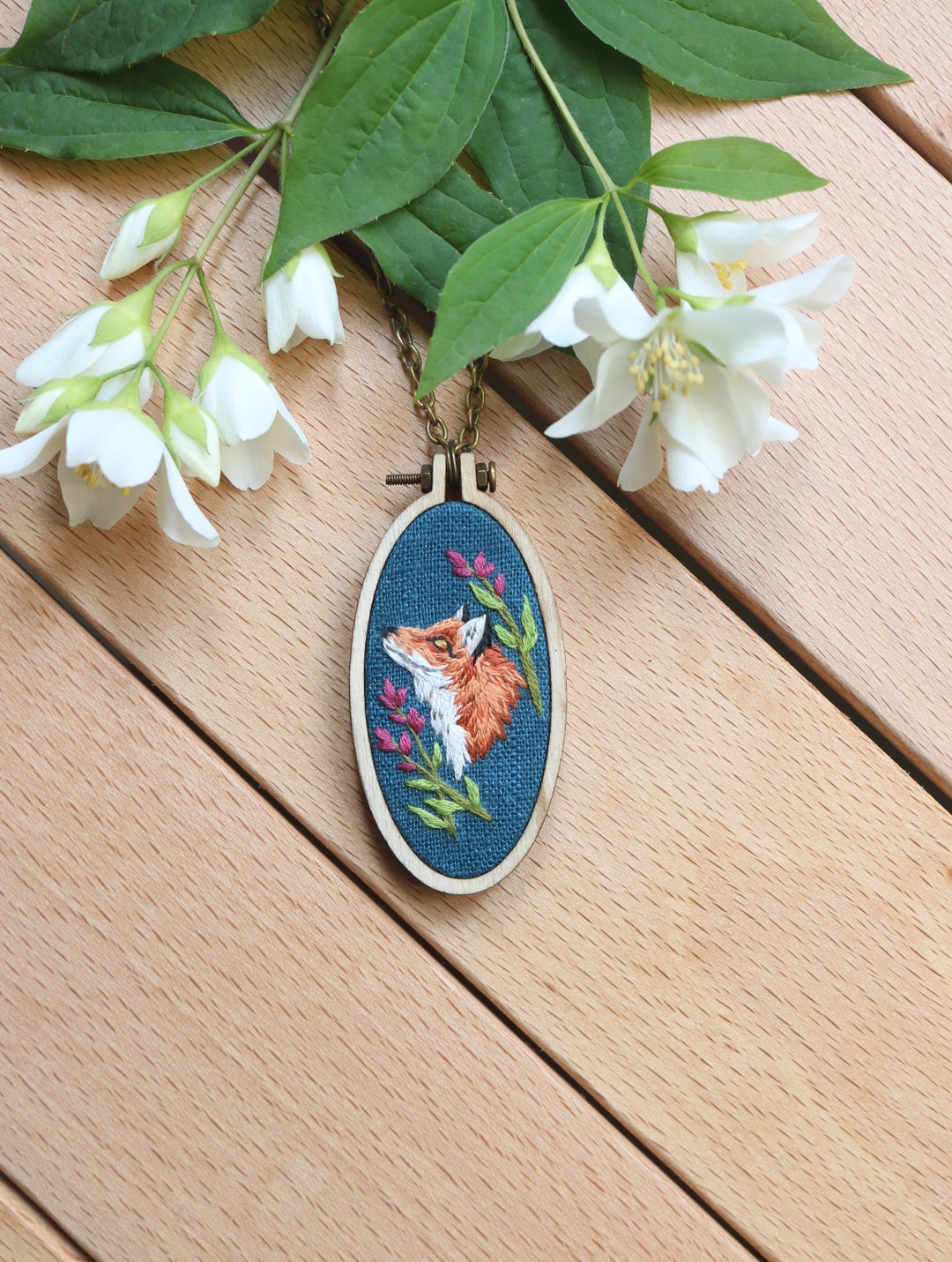 Embroidered Red Fox Wood Frame Pendant, Fox Embroidery Art, Cottagecore ...