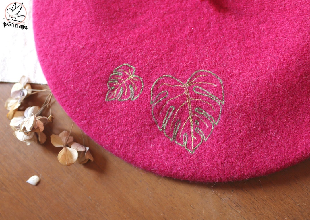 Embroidered Beret, Monstera Deliciosa, French Beret, Pink Hat, Pink ...
