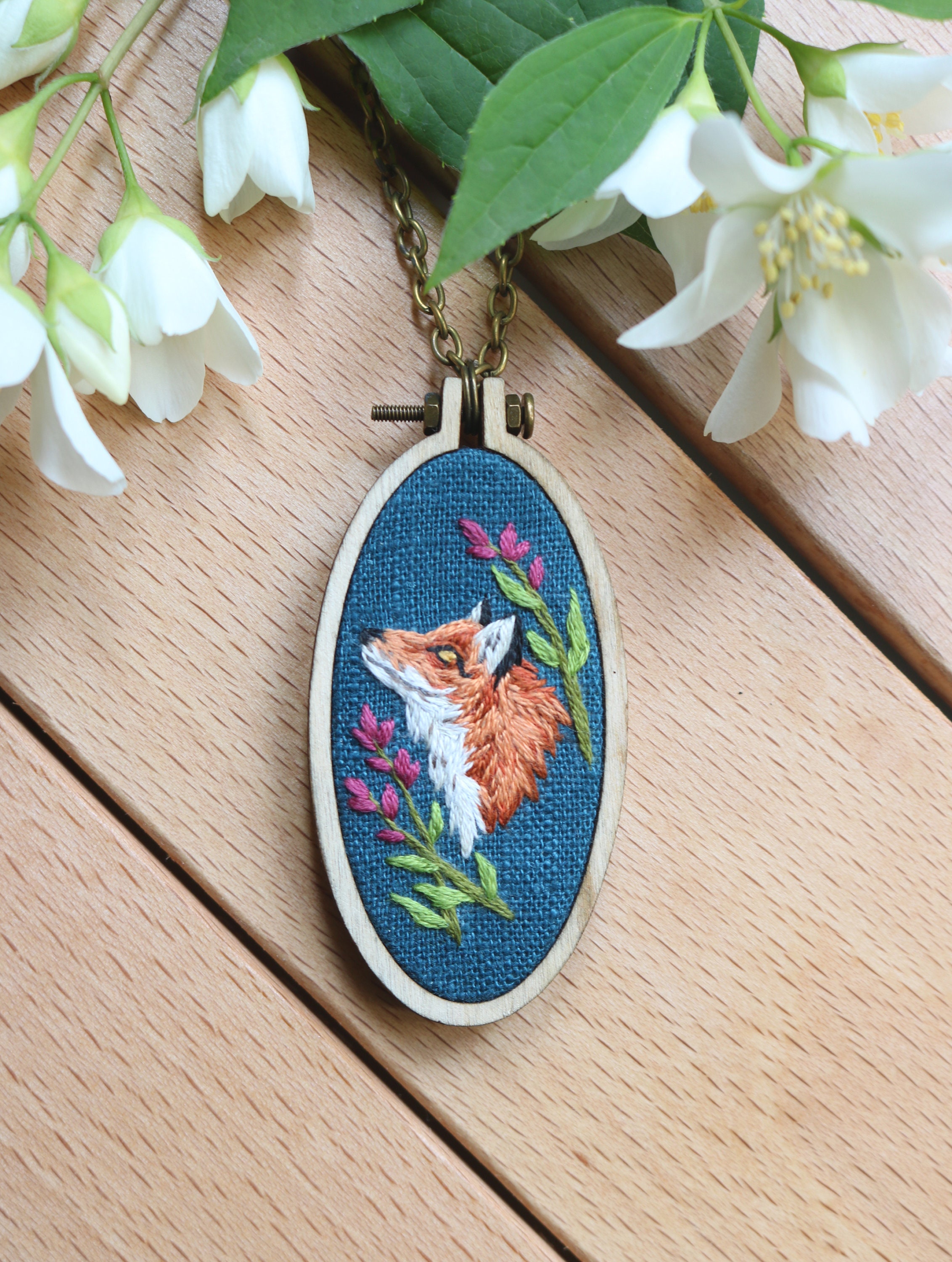 Embroidered Red Fox Wood Frame Pendant, Fox Embroidery Art, Cottagecore ...